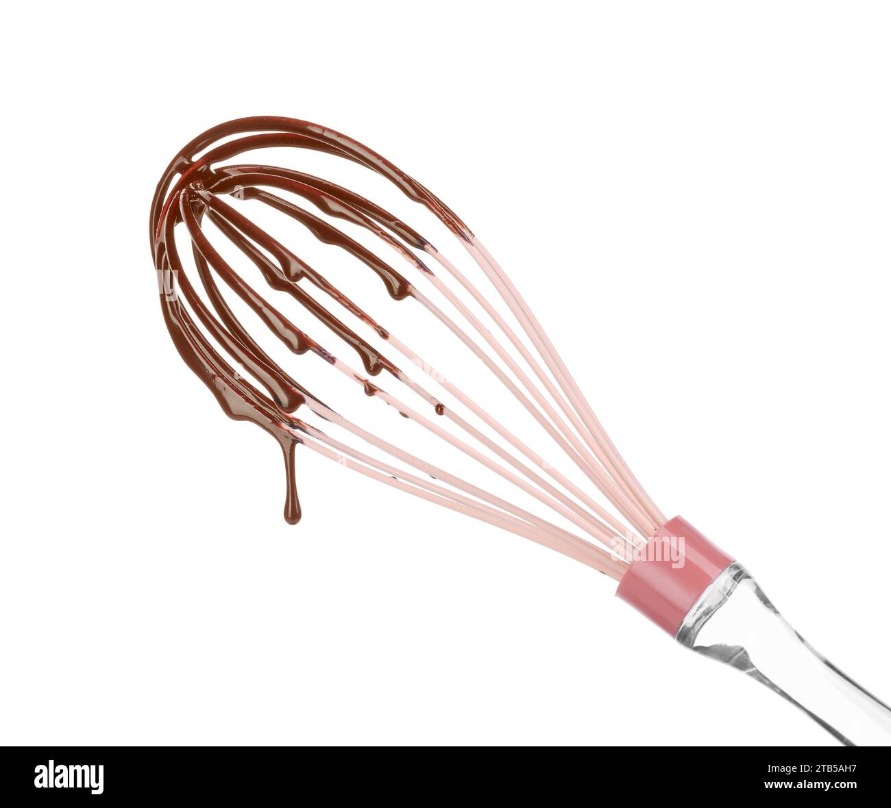 Chocolate cream dripping from whisk on white background, space for text ...