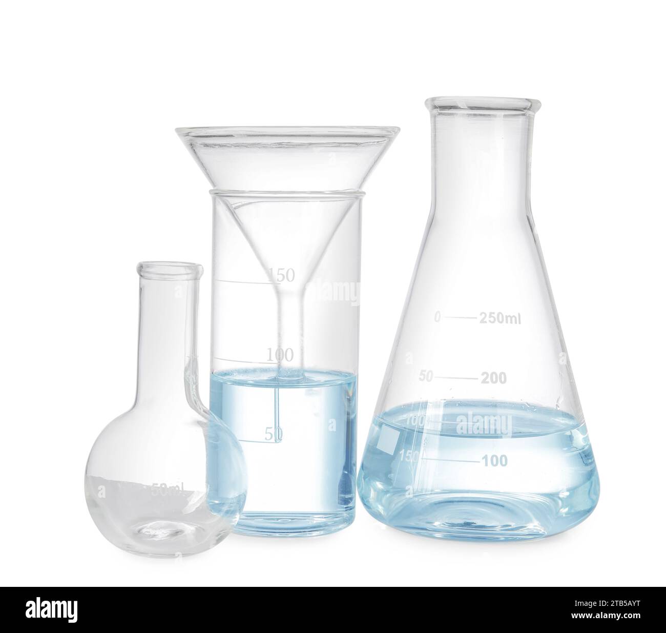 Different laboratory glassware with water isolated on white Stock Photo ...