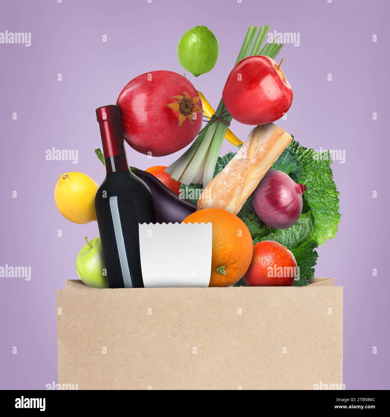 Different food products falling into paper bag on violet background ...
