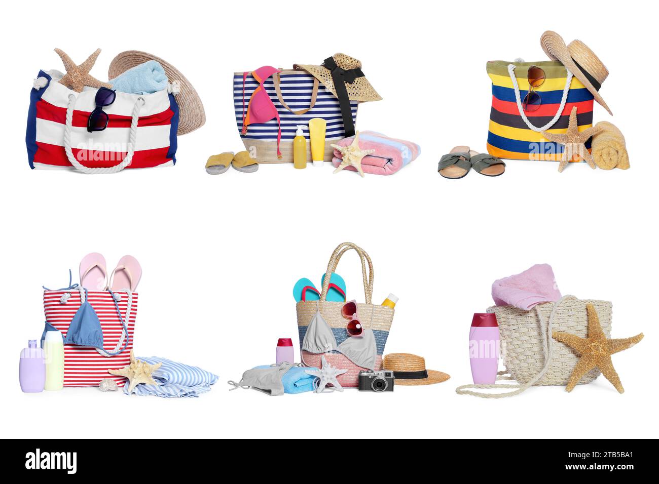 Different stylish bags and other beach accessories isolated on white ...