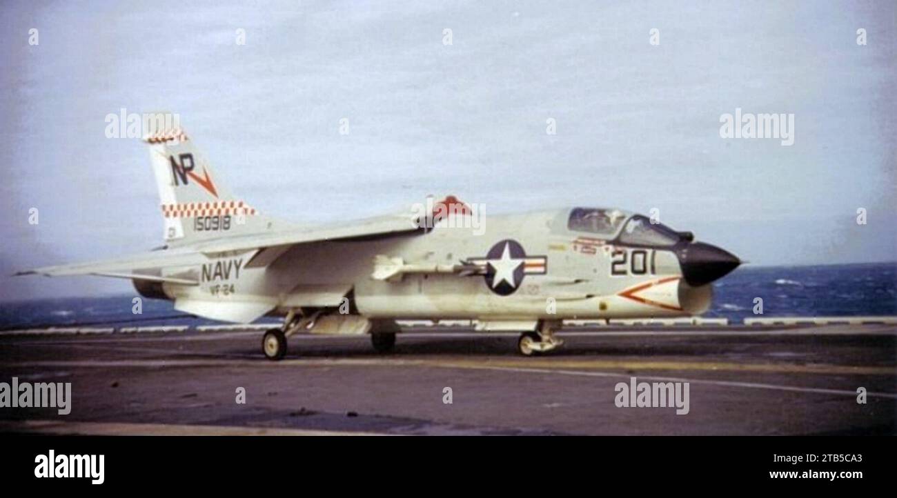 Vought F-8J Crusader of VF-24 lands aboard USS Hancock (CVA-19), in the ...