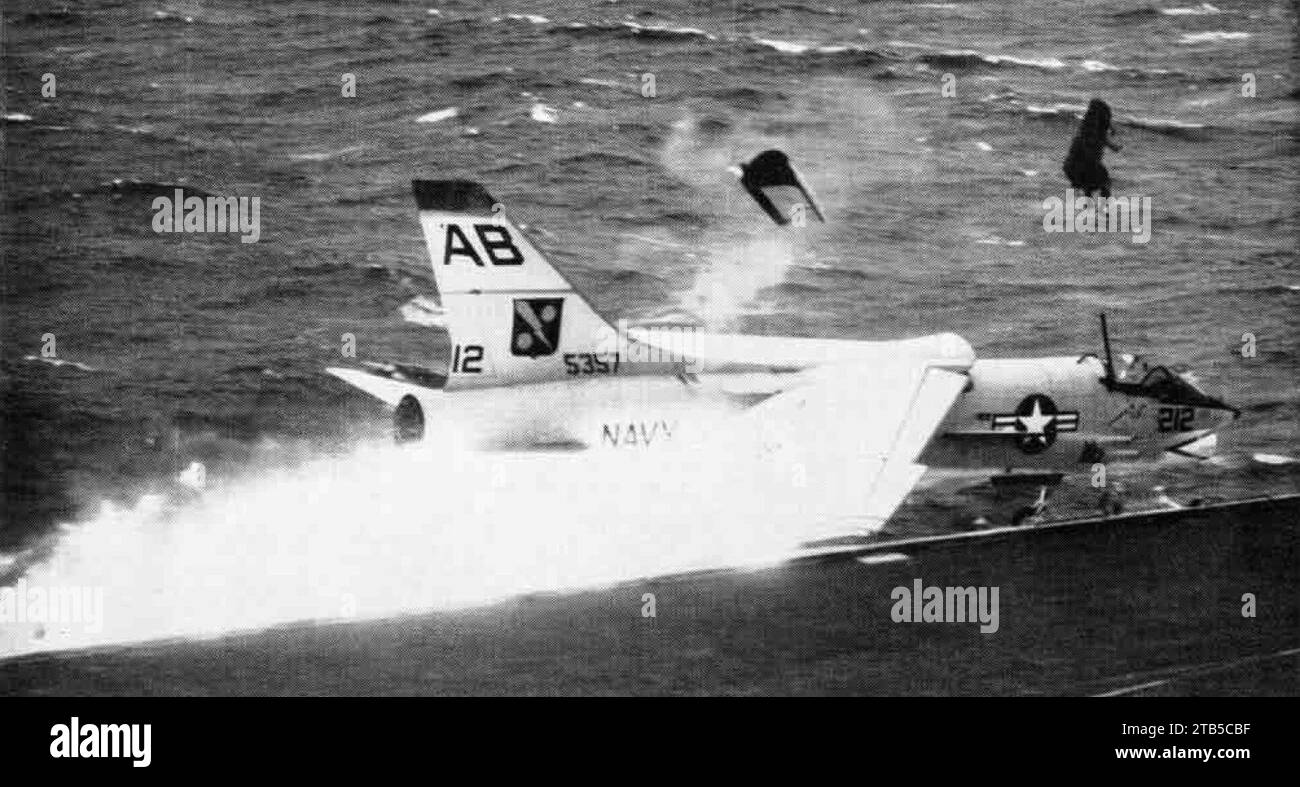 Vought F8U-1 Crusader of VF-11 crashes aboard USS Franklin D. Roosevelt ...