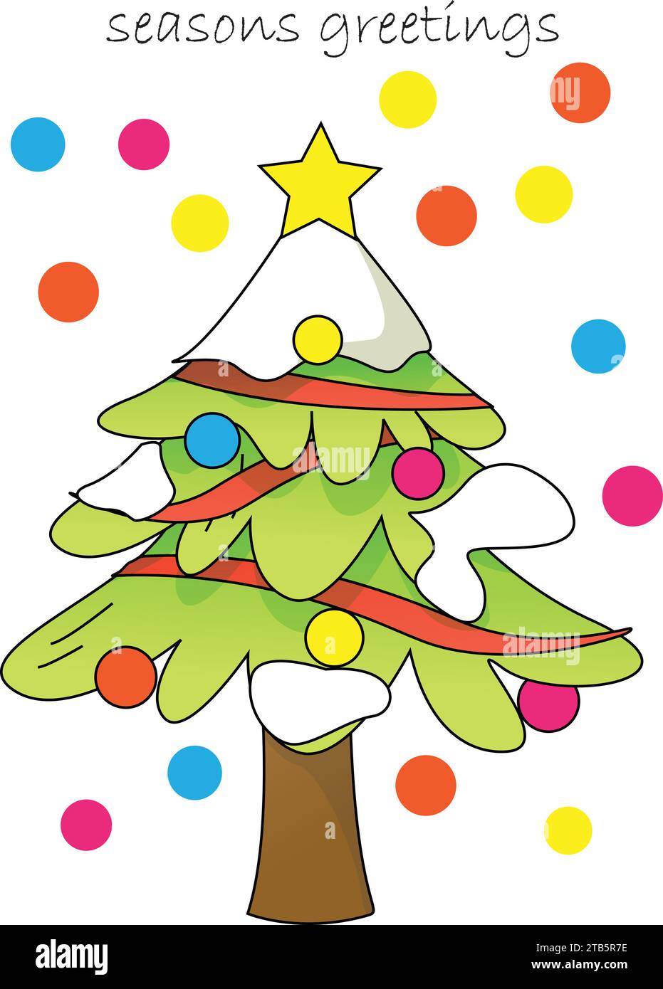 A cheerful cartoon Christmas tree covered in colorful polka dots and ...