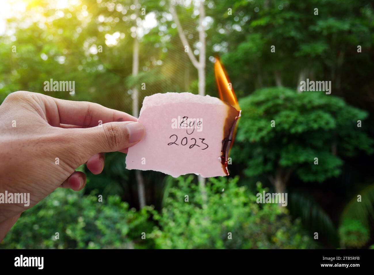 hand-holding a burn paper with the words BYE, BYE 2023 on a piece of ...
