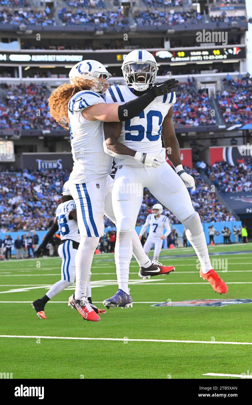 Indianapolis Colts linebacker Grant Stuard (41) and linebacker Segun Olubi (50) celebrate ...