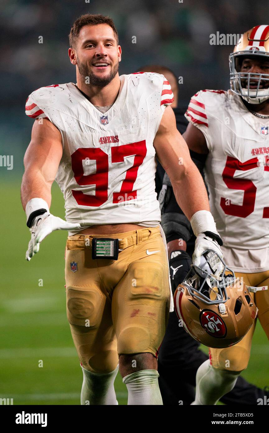 San Francisco 49ers defensive lineman Nick Bosa (97) reacts during the ...