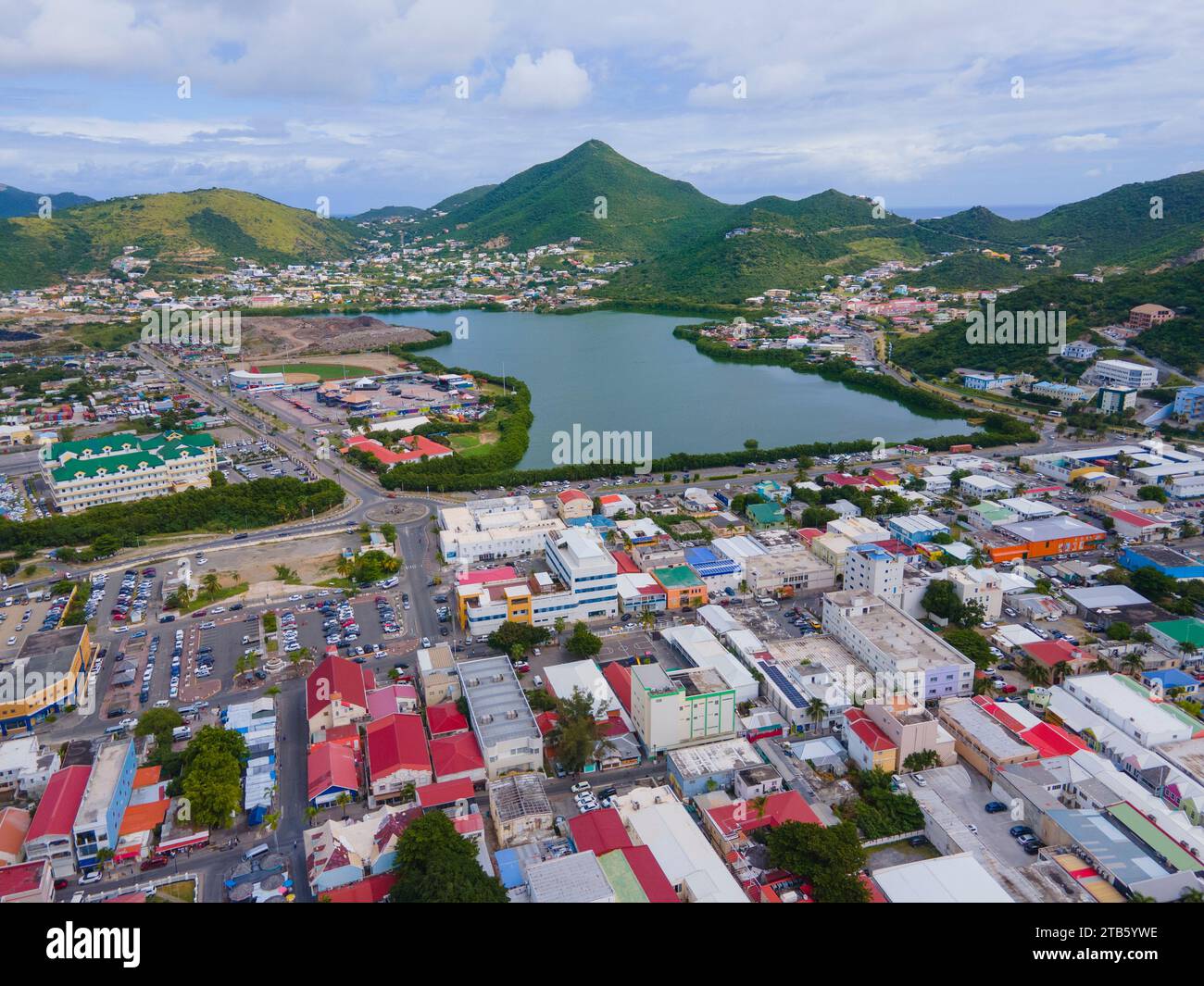 Philipsburg historic city center aerial view including Front Street and ...