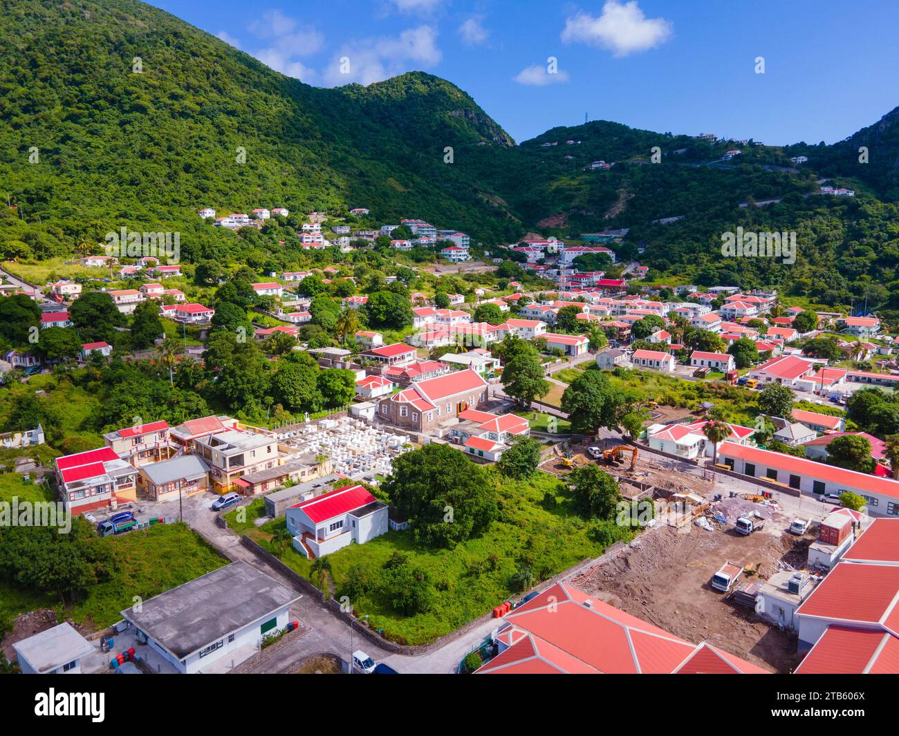 The bottom historic town center aerial view in Saba, Caribbean ...