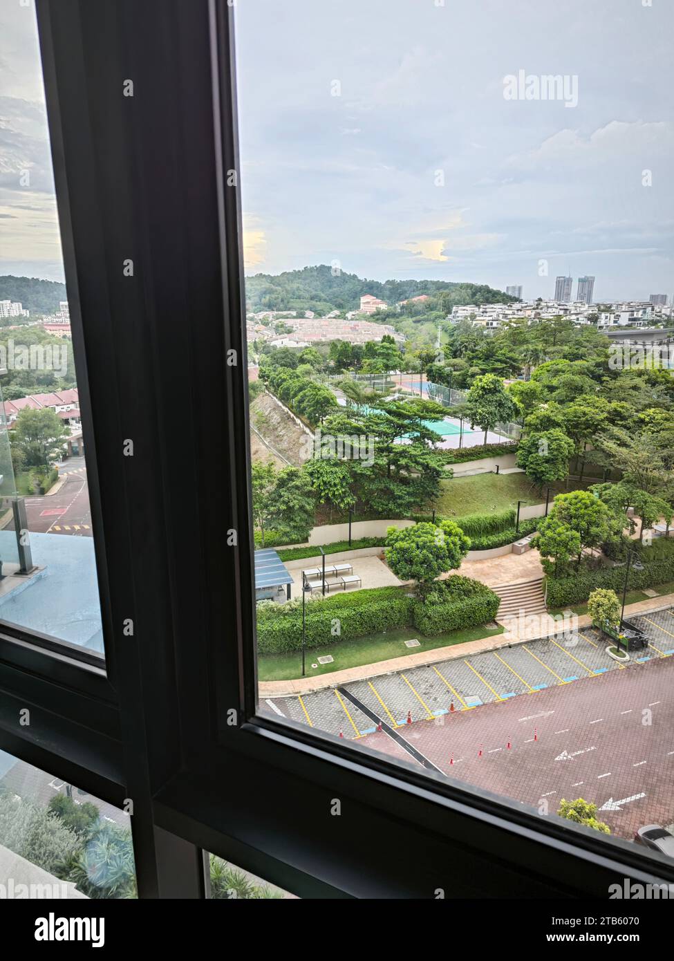 looking out the window frame from high building toward the distance ...