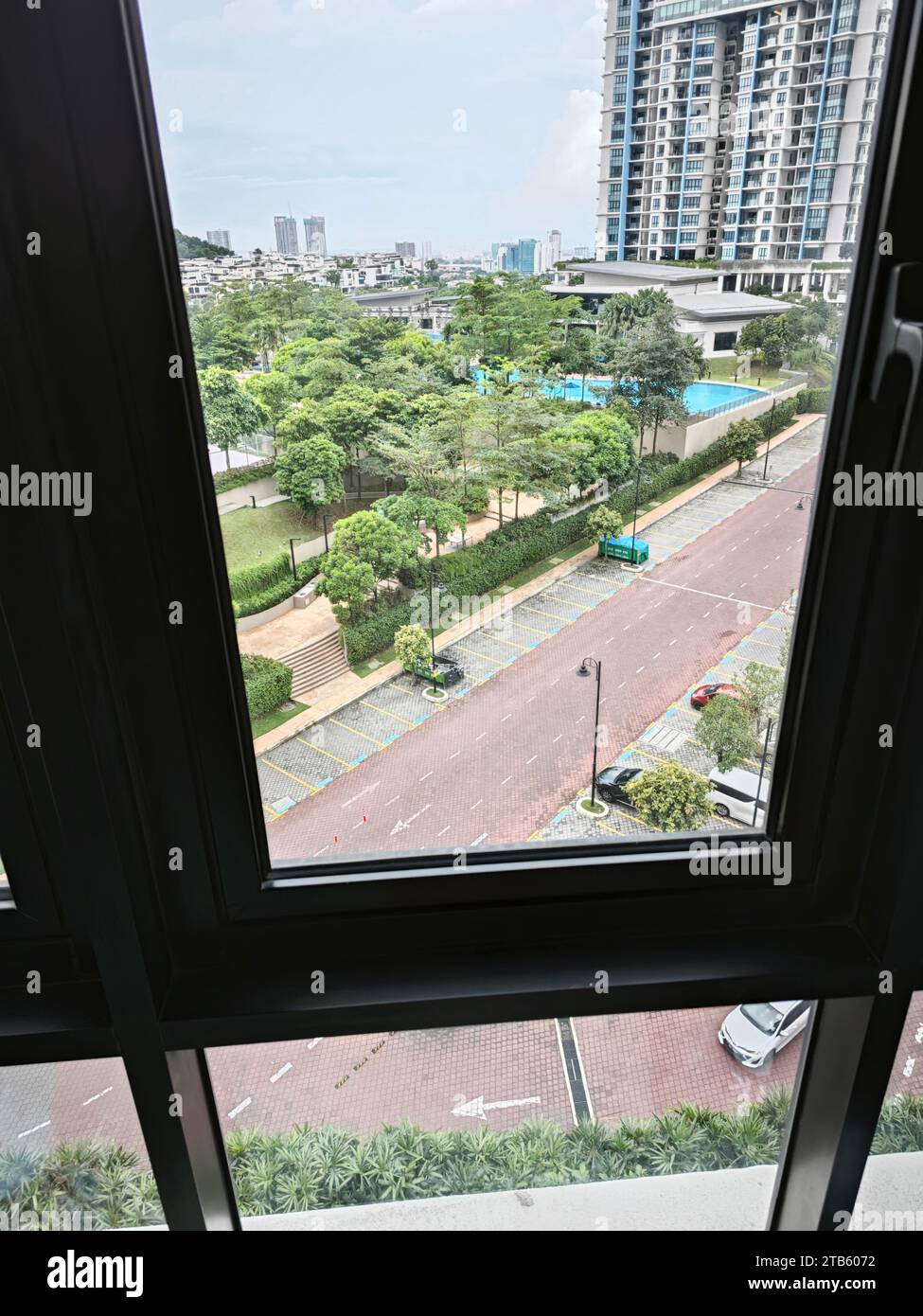 looking out the window frame from high building toward the distance ...