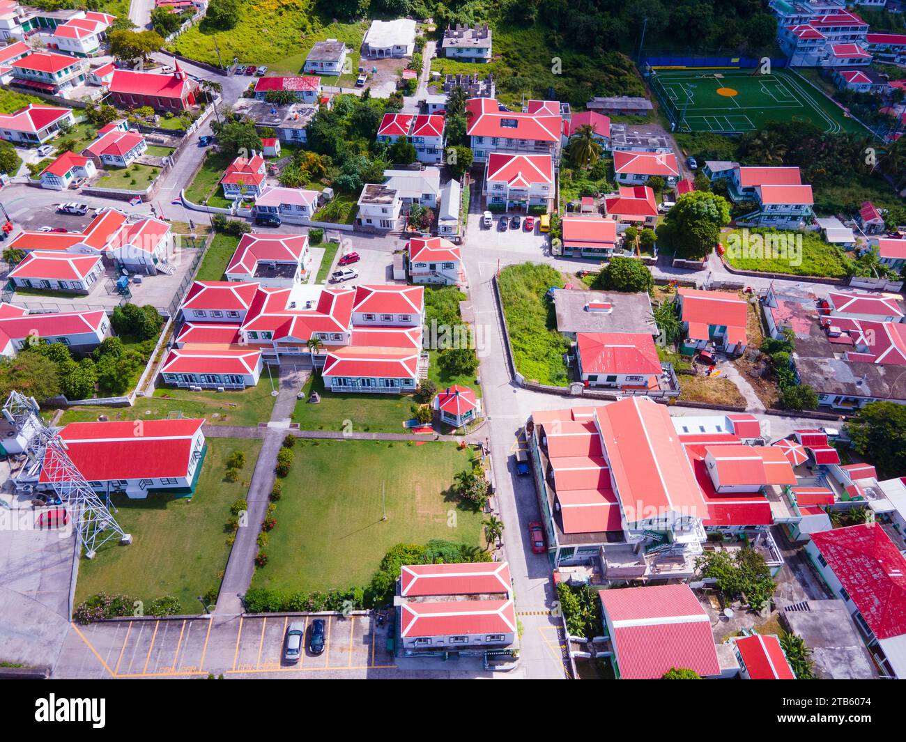 The bottom historic town center aerial view in Saba, Caribbean ...