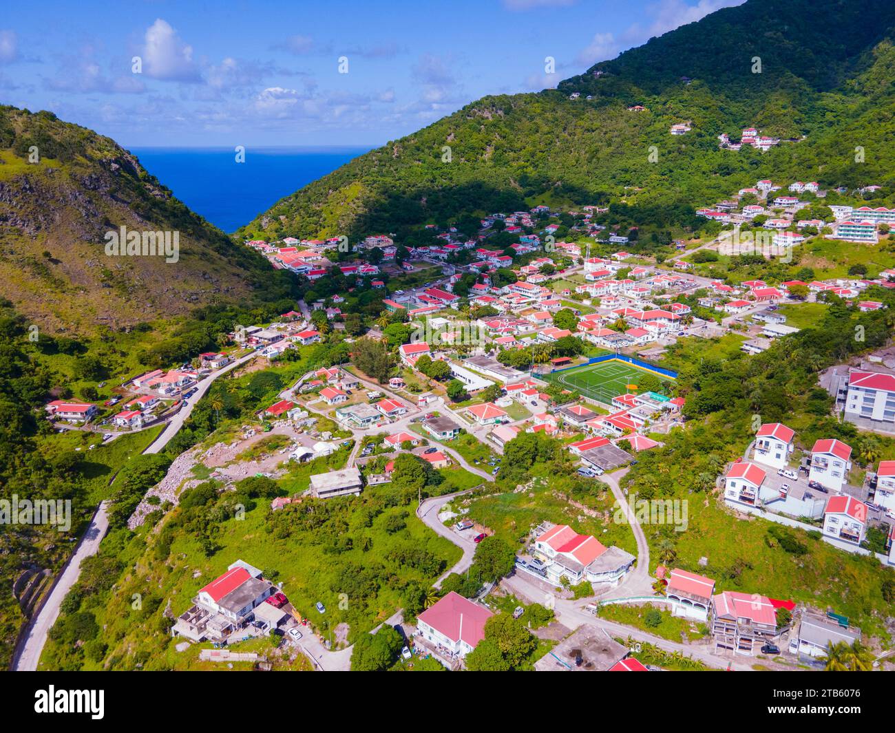 The bottom historic town center aerial view in Saba, Caribbean ...