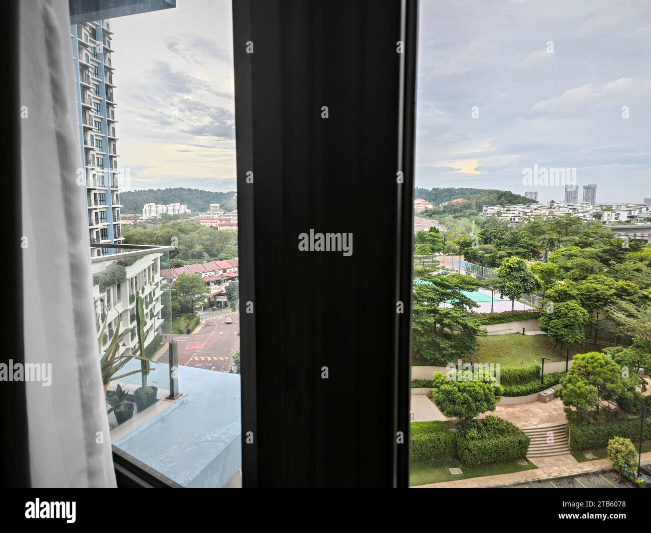 looking out the window frame from high building toward the distance ...