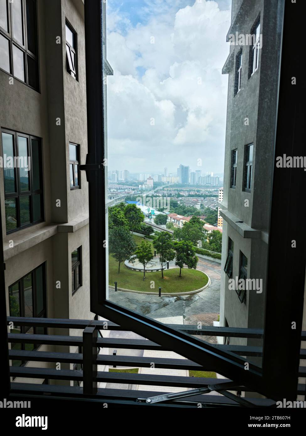 looking out the window frame from high building toward the distance ...