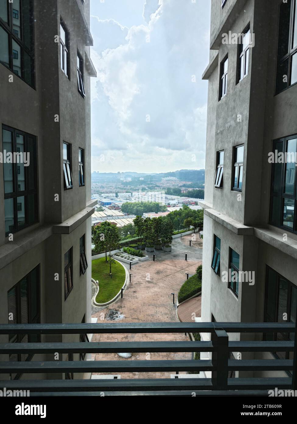looking out the window frame from high building toward the distance ...