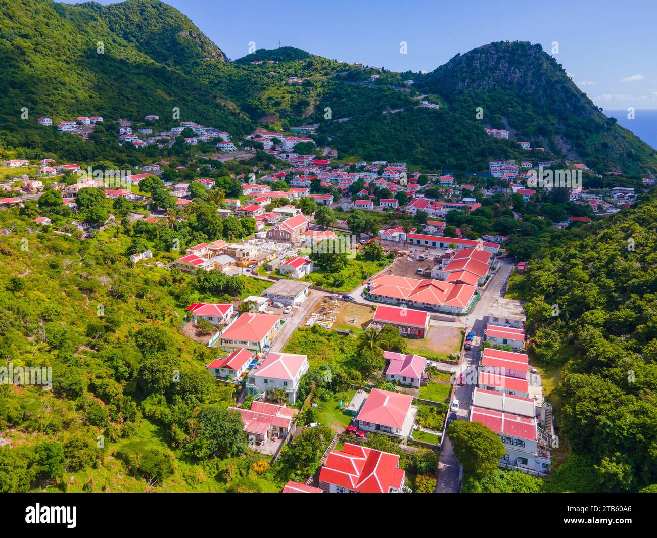 The bottom historic town center aerial view in Saba, Caribbean ...