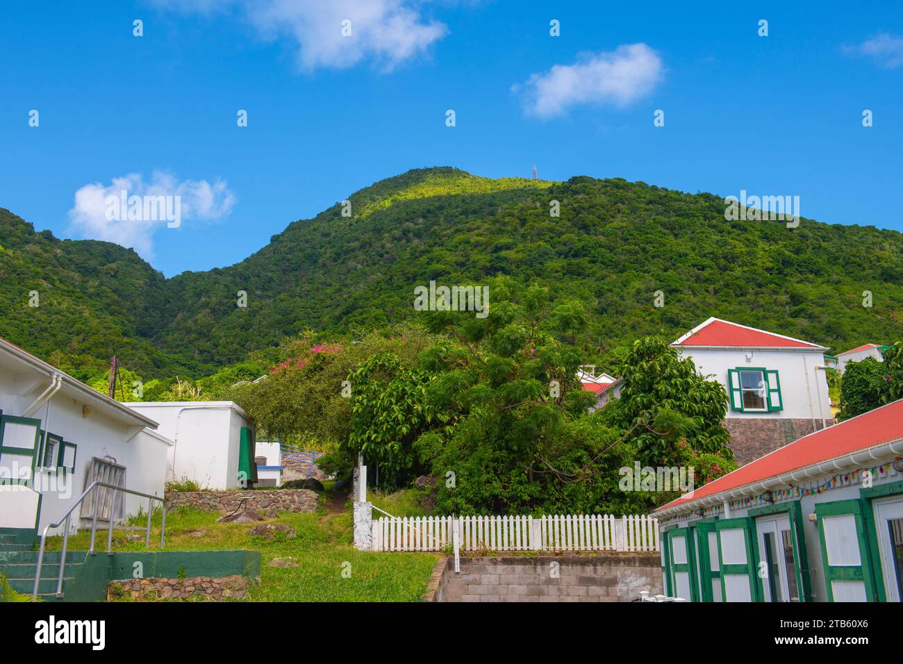 The Bottom historic town center with Mount Scenery at the background in ...