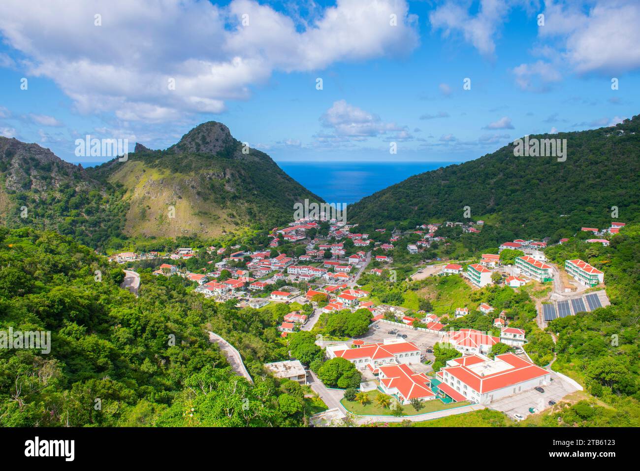The bottom historic town center aerial view in Saba, Caribbean ...