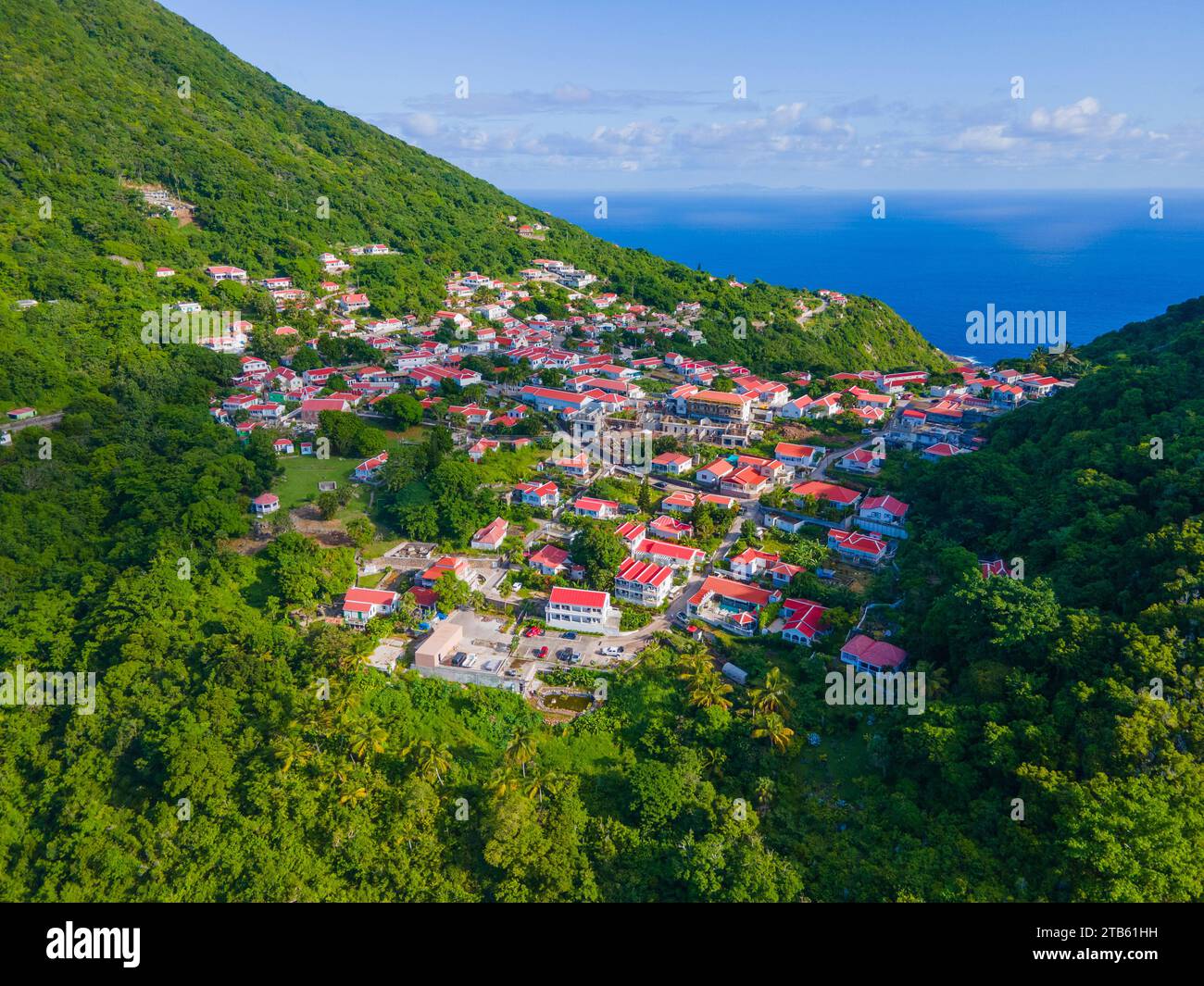 Windwardside historic town center aerial view in Saba, Caribbean ...