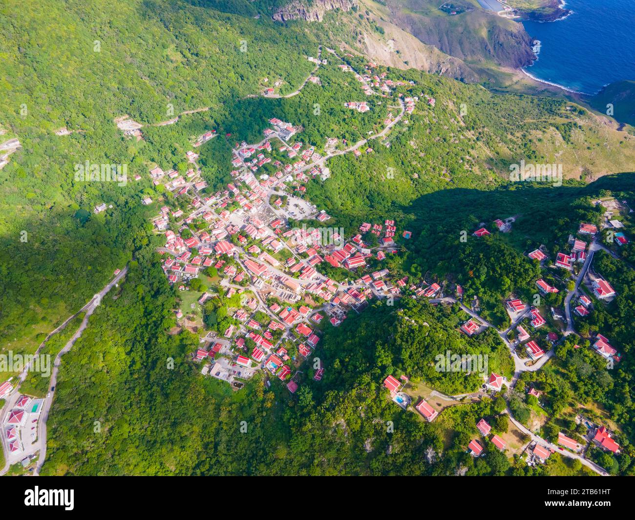 Windwardside historic town center aerial view in Saba, Caribbean ...