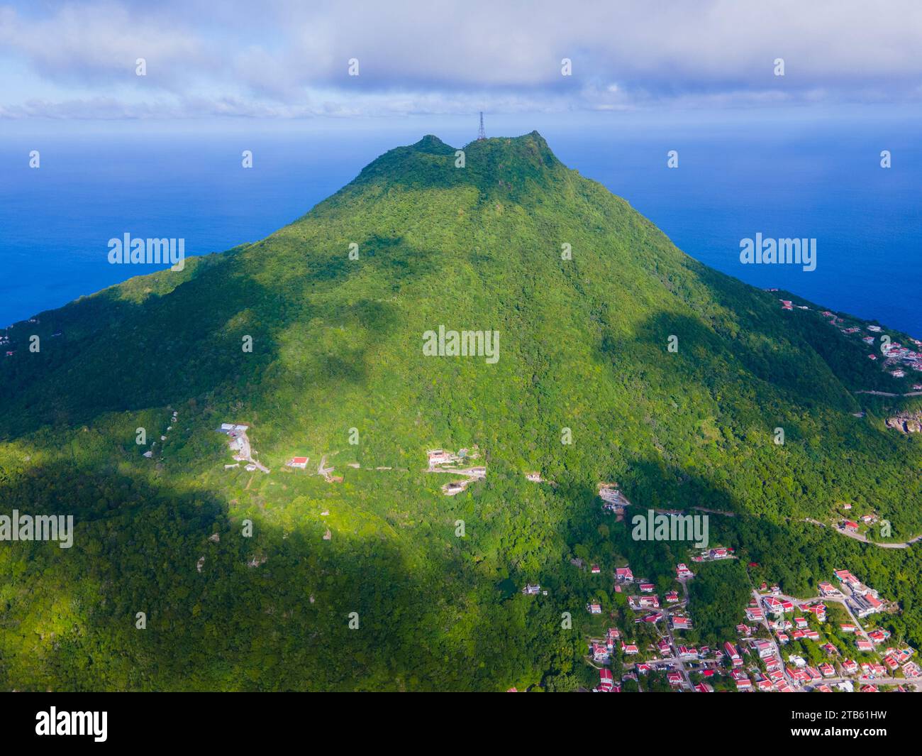 Mount Scenery aerial view near top of the Windwardside in Saba ...