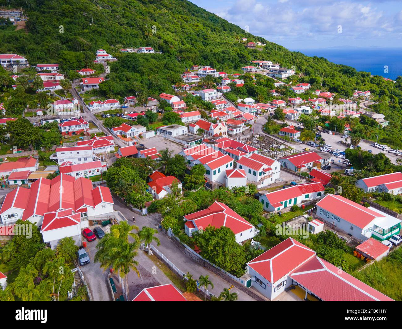 Windwardside historic town center aerial view in Saba, Caribbean ...