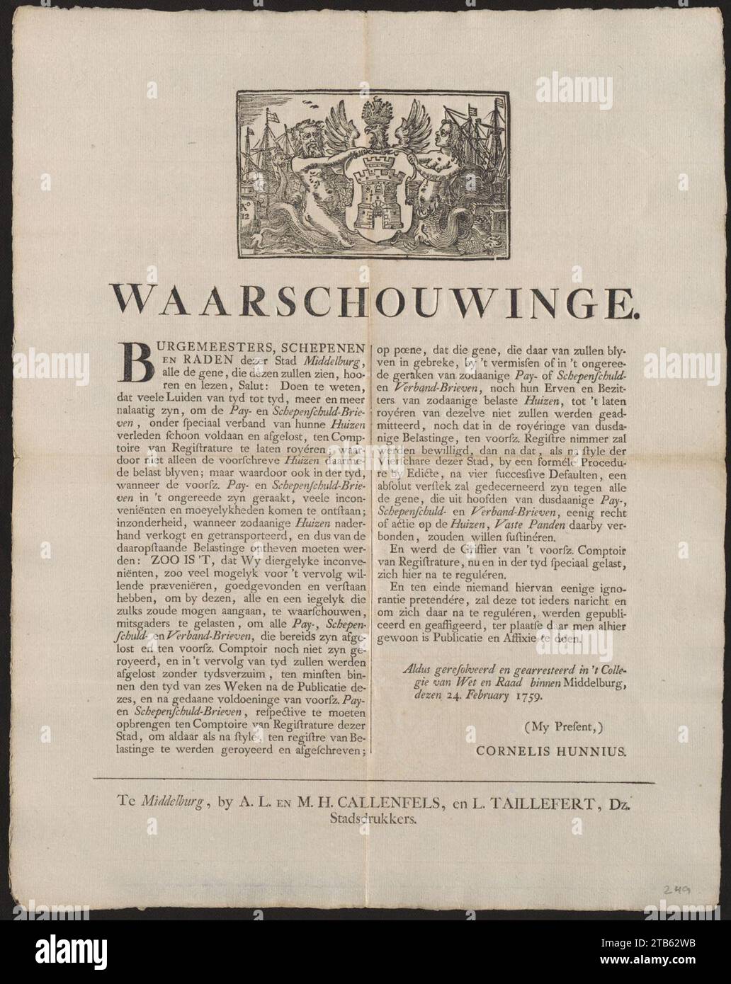 Waarschouwinge. Burgermeesters, schepenen en raden dezer stad ...