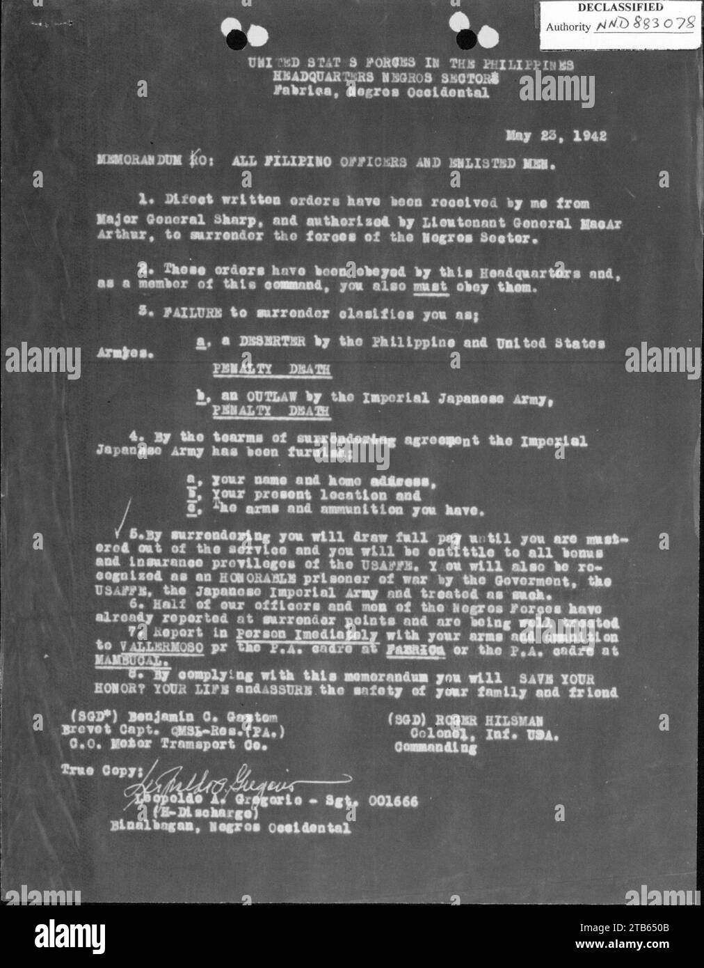 Wainwright’s Order to Surrender, May 42, file code ADM-96 Stock Photo ...