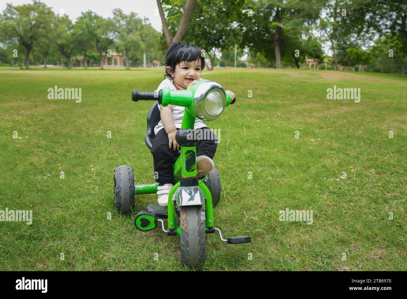 Cute little toddler rides the tricycle. Toddler using bike at park or ...
