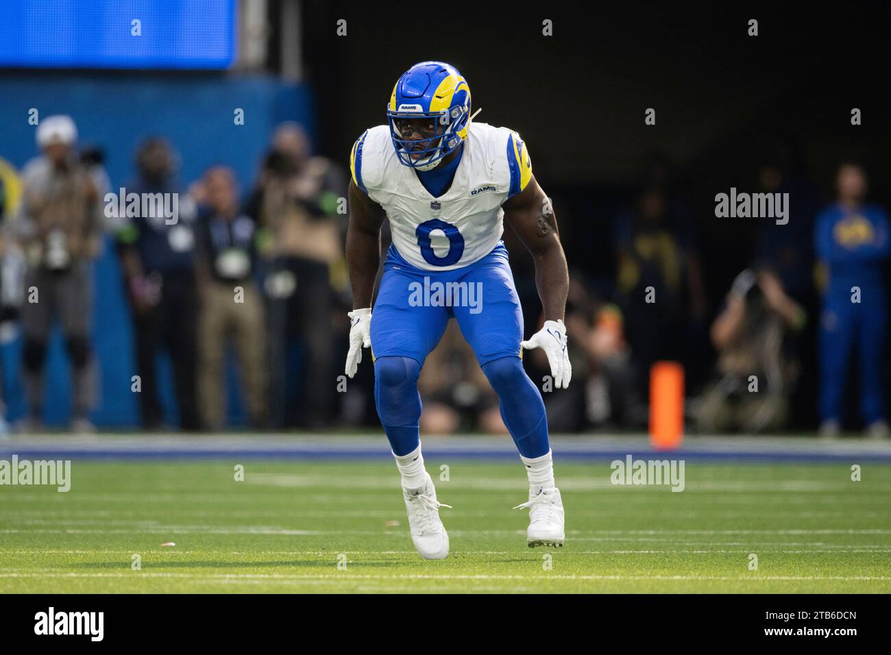 Los Angeles Rams linebacker Byron Young (0) takes his stance during an ...