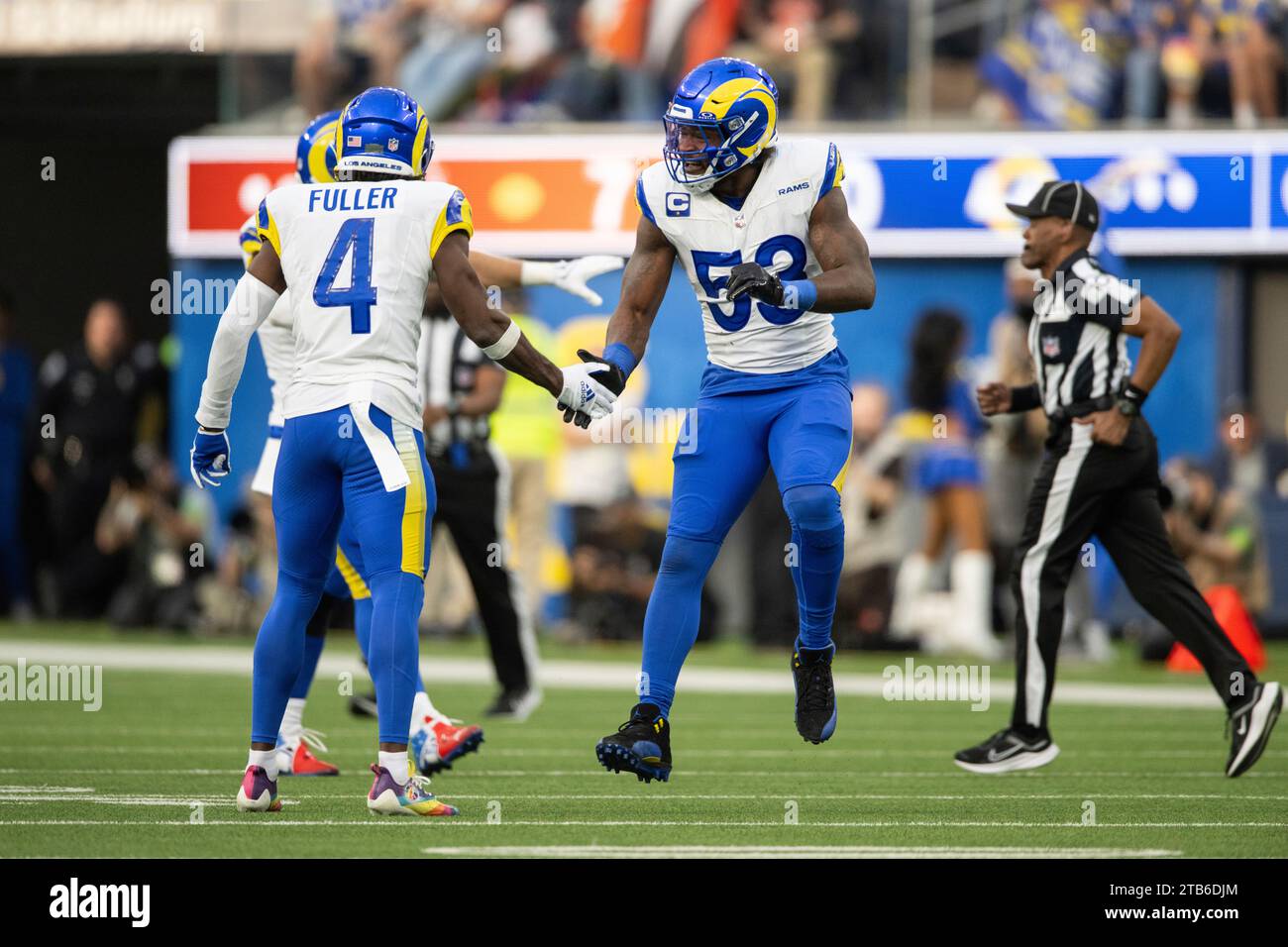 Los Angeles Rams linebacker Ernest Jones (53) and safety Jordan Fuller ...