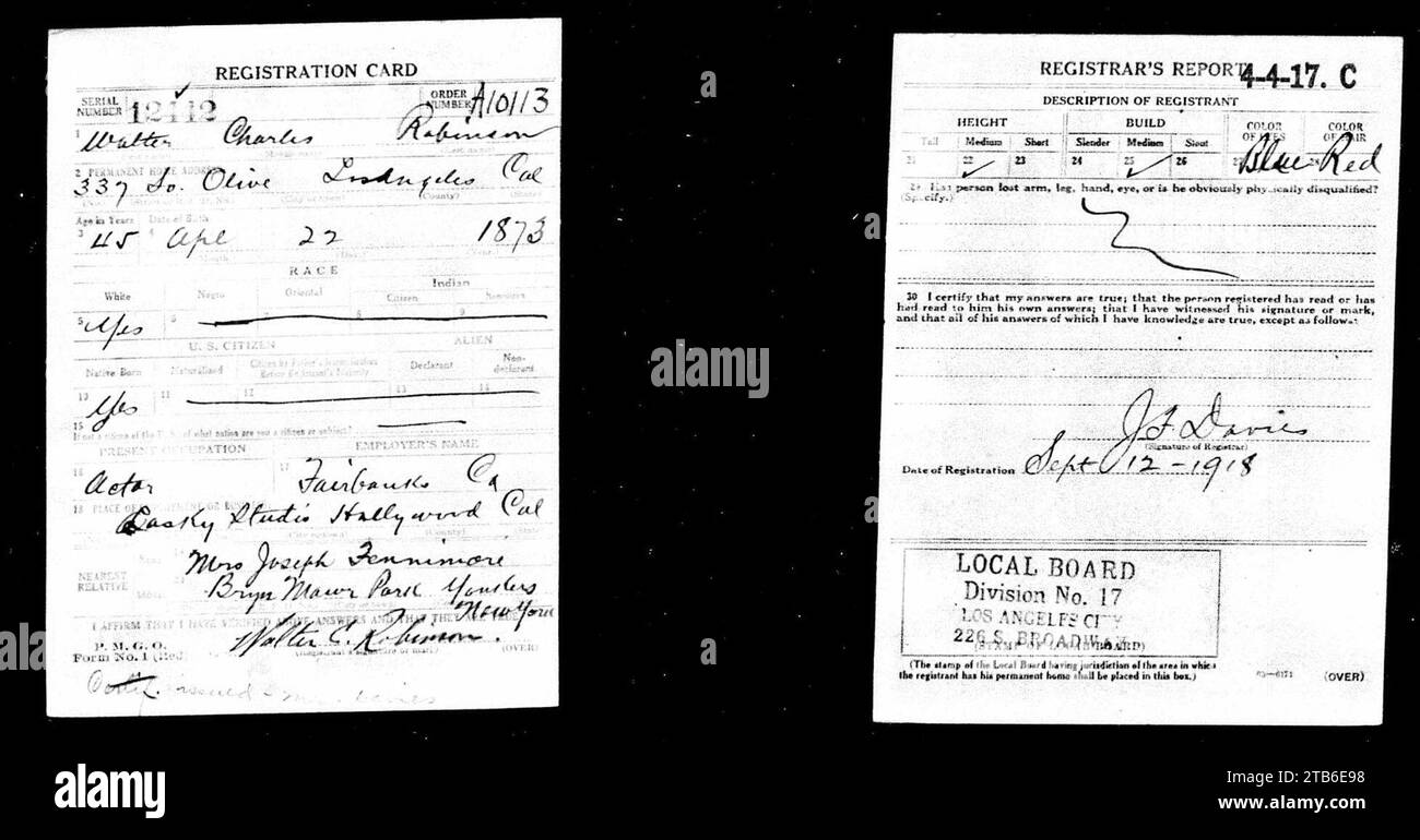 Walter Charles Robinson in the WWI draft registration Stock Photo - Alamy