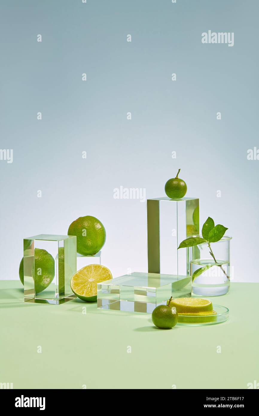 Scientific-themed display with lab equipment, a beaker, glass podiums ...