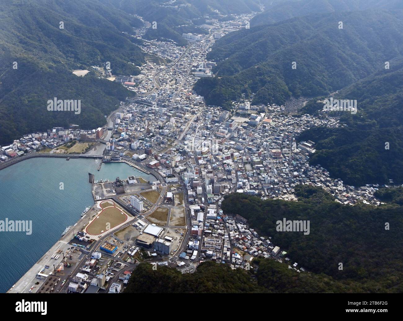 An aerial photo shows the center area of Amami City on the island of ...