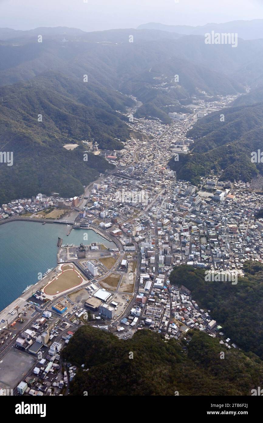 An aerial photo shows the center area of Amami City on the island of ...
