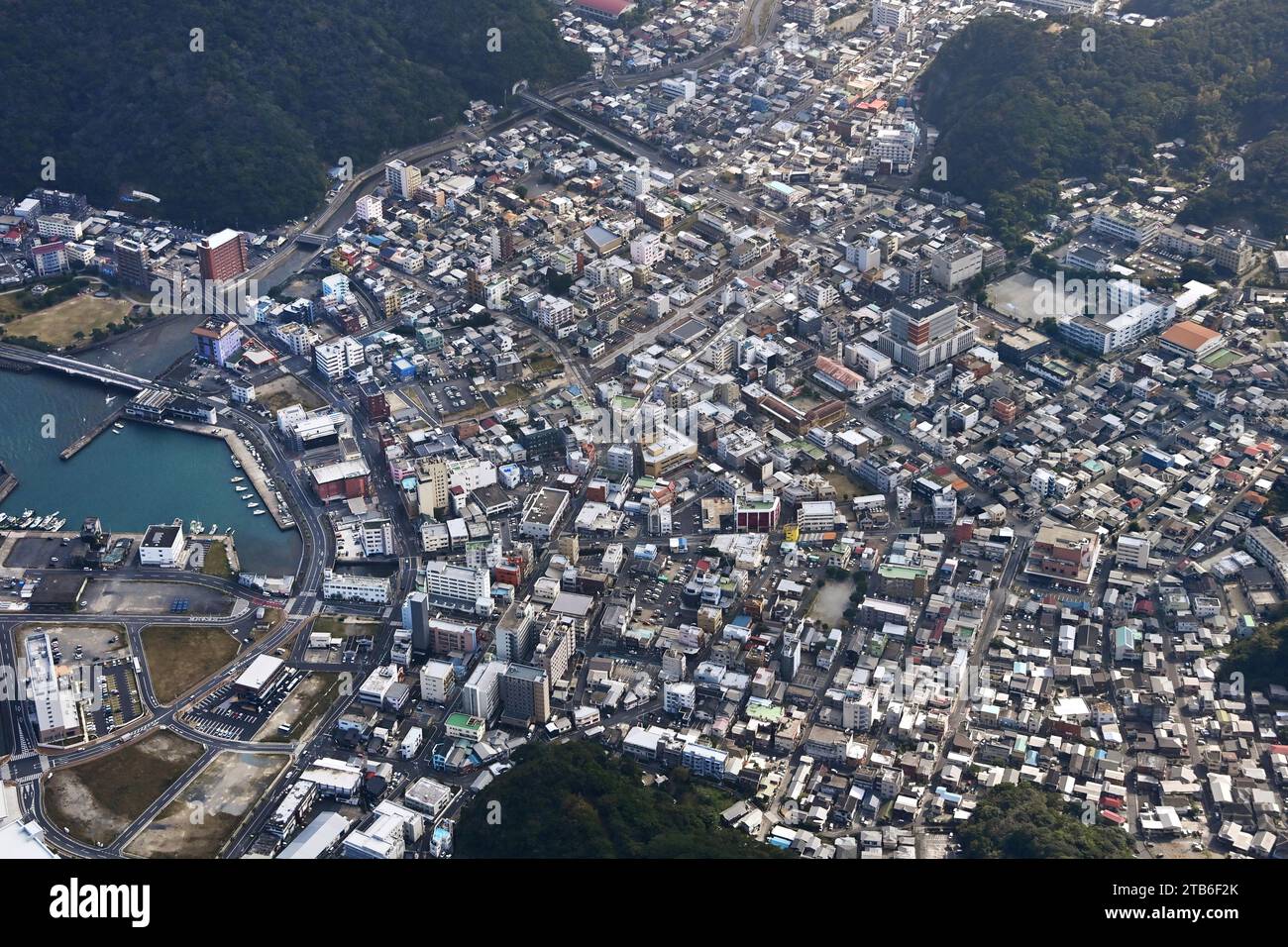 An aerial photo shows the center area of Amami City on the island of ...