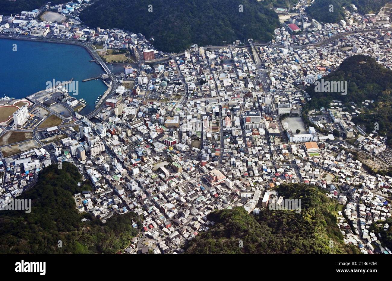 An aerial photo shows the center area of Amami City on the island of ...