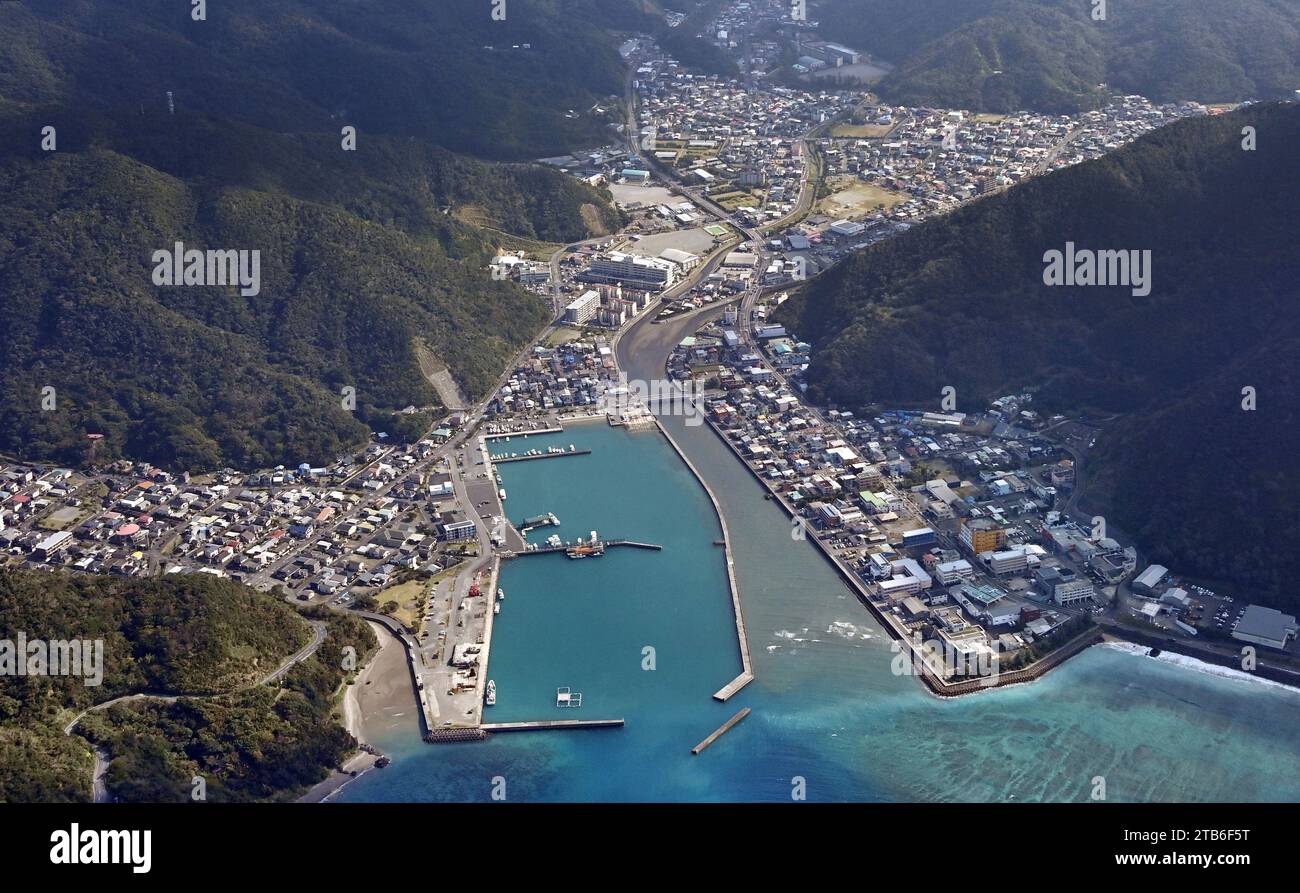 An aerial photo shows Daikuma Port and surrounding in Amami City on the ...