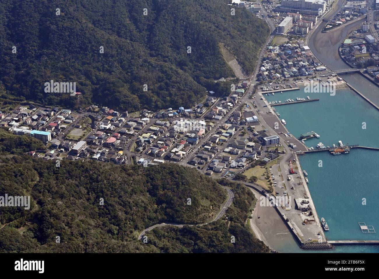 An aerial photo shows Daikuma Port and surrounding in Amami City on the ...