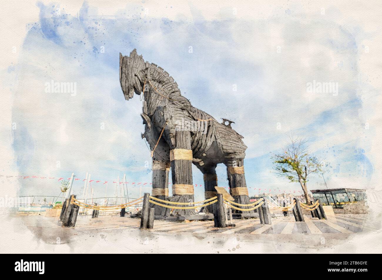 Trojan horse in Canakkale, Turkey in watercolor style illustration ...