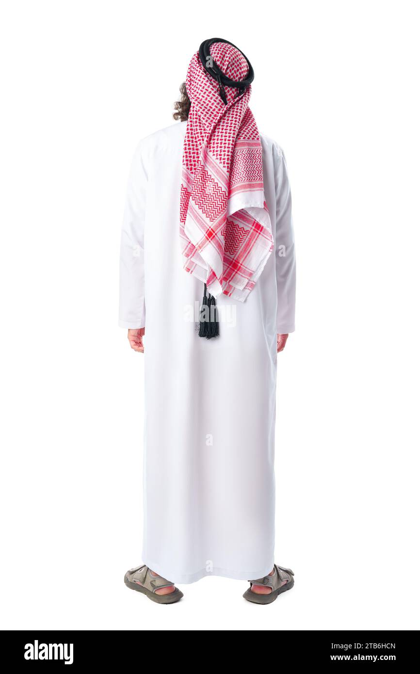 Back view of an Arab man in thobe standing on white isolated background ...