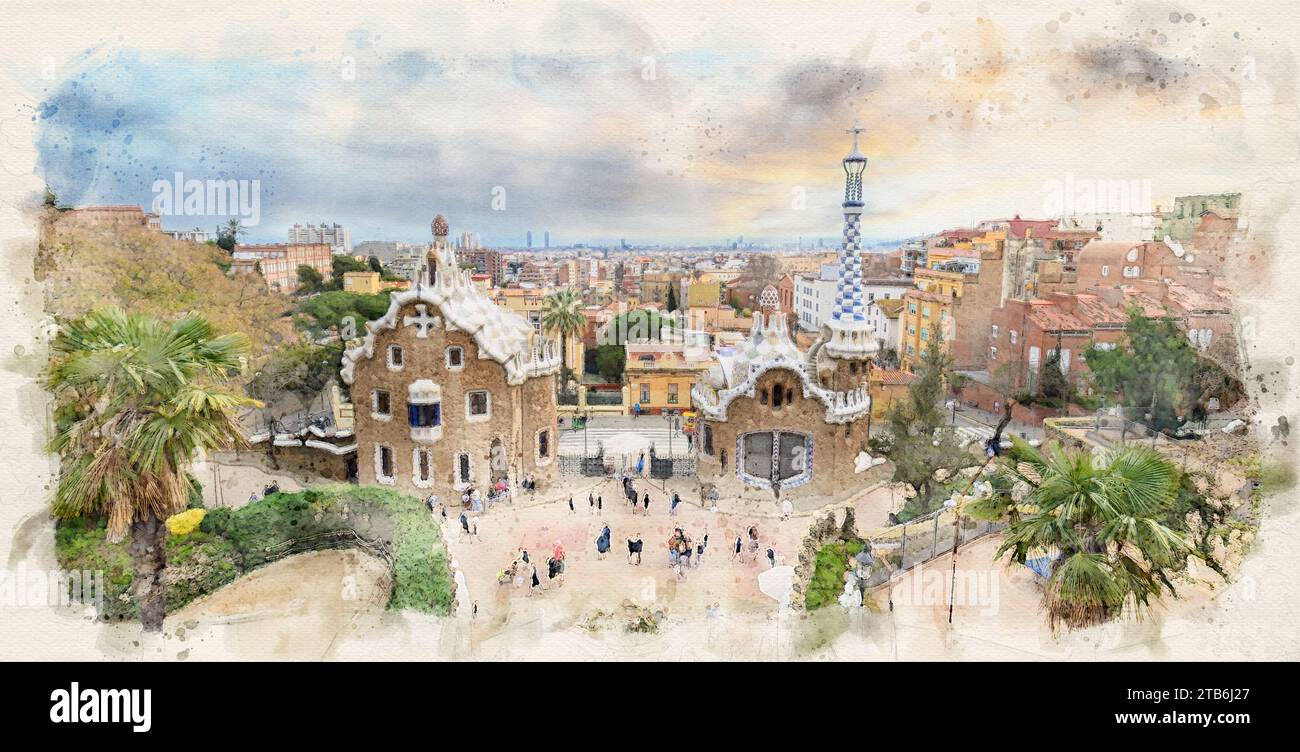 Park Guell designed by Antoni Gaudi in Barcelona, Spain in watercolor ...