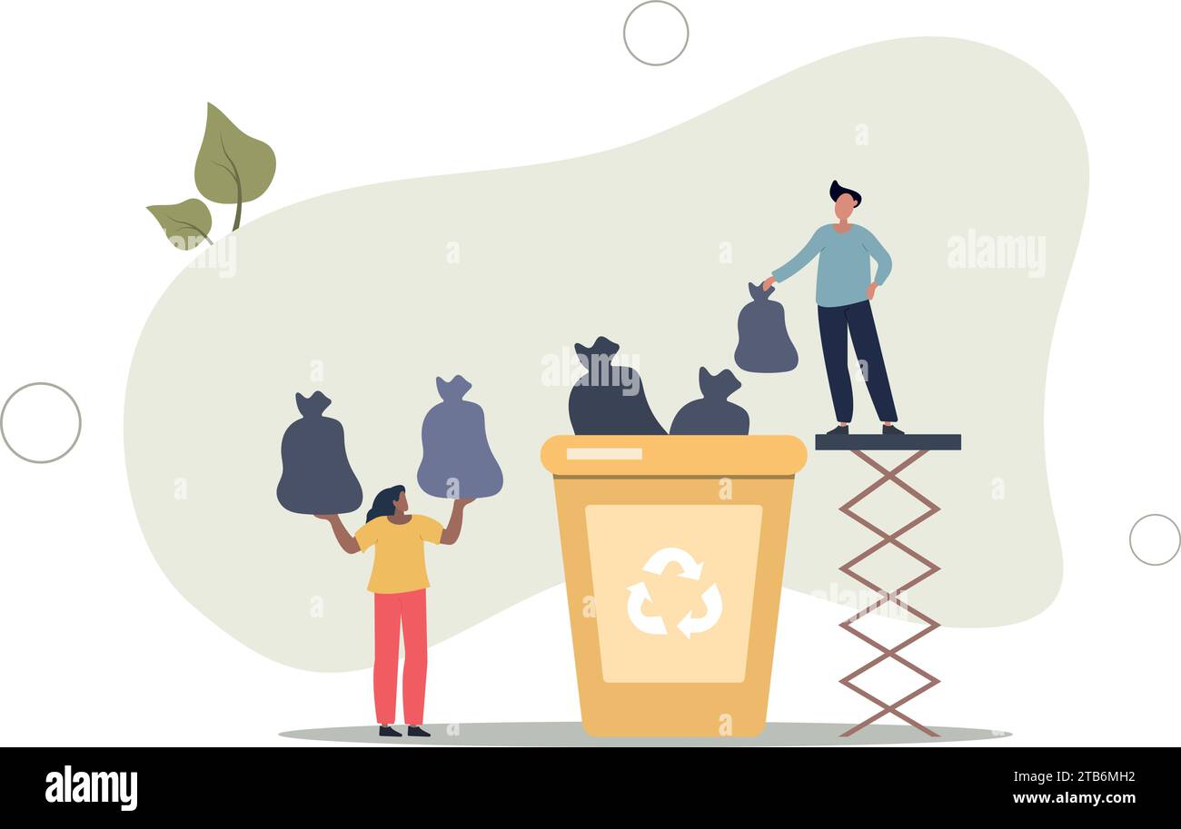 People characters collecting trash into recycling garbage bin..Woman ...