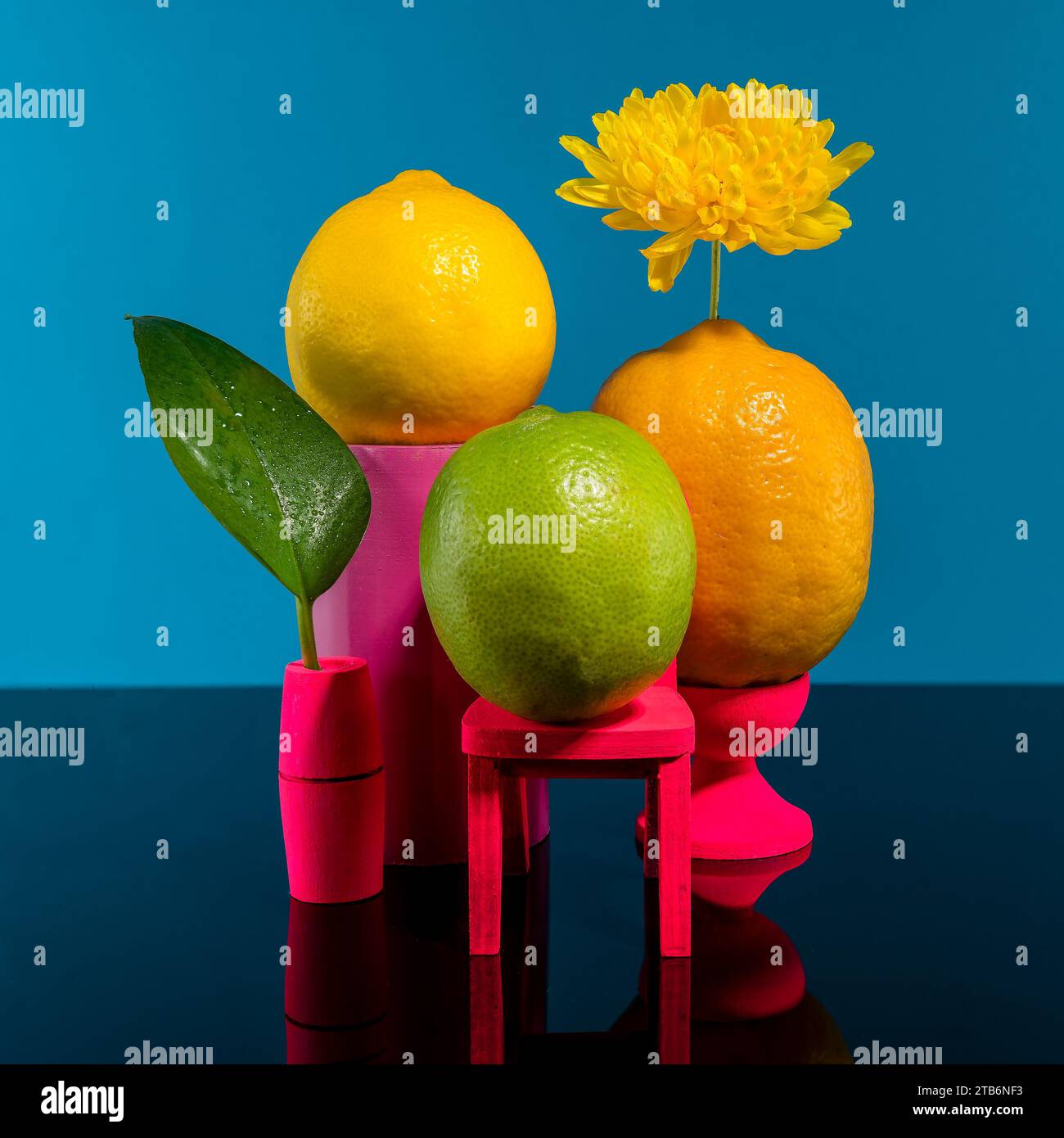 Creative still life with two lemons and lime on a blue background ...