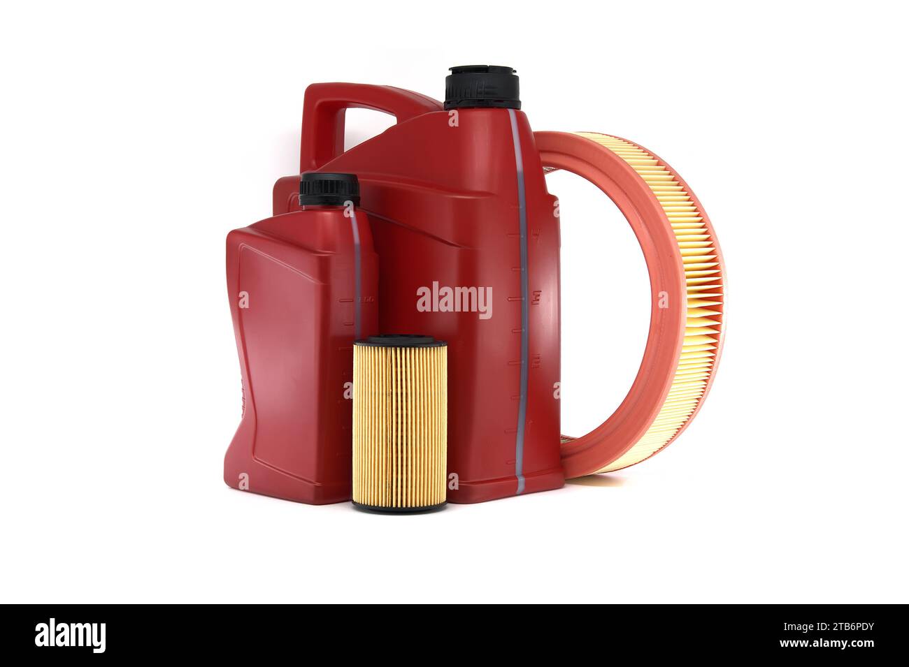 Red motor oil canister and filter isolated on white background ...