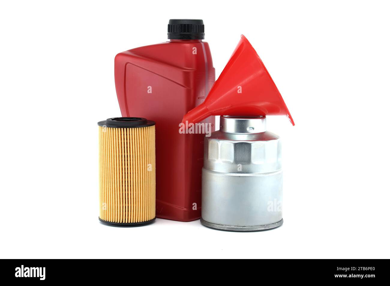 Red plastic canister of motor oil alongside a yellow and black oil ...