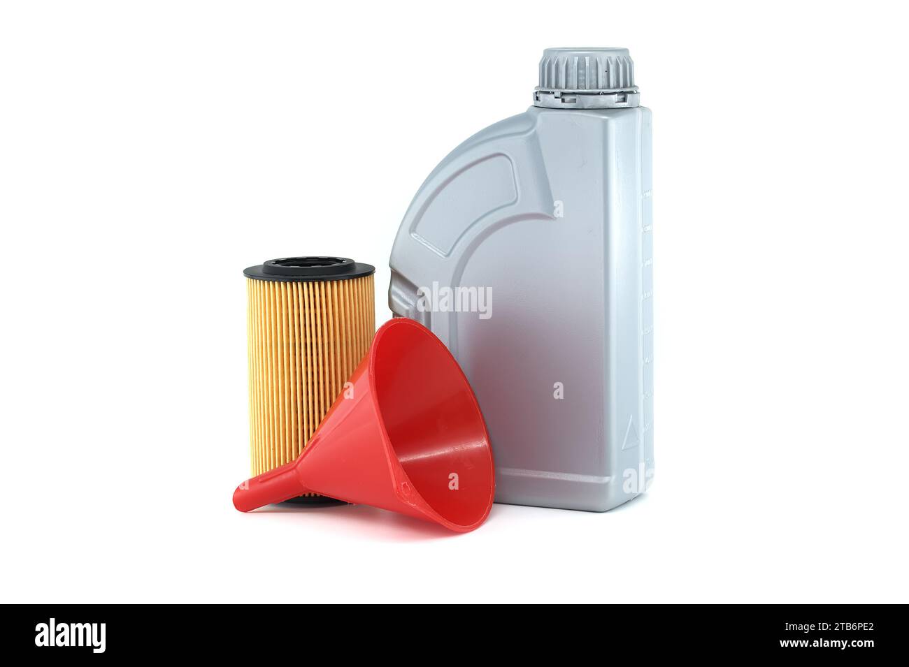 Plastic canister of motor oil alongside a yellow and black oil filter ...