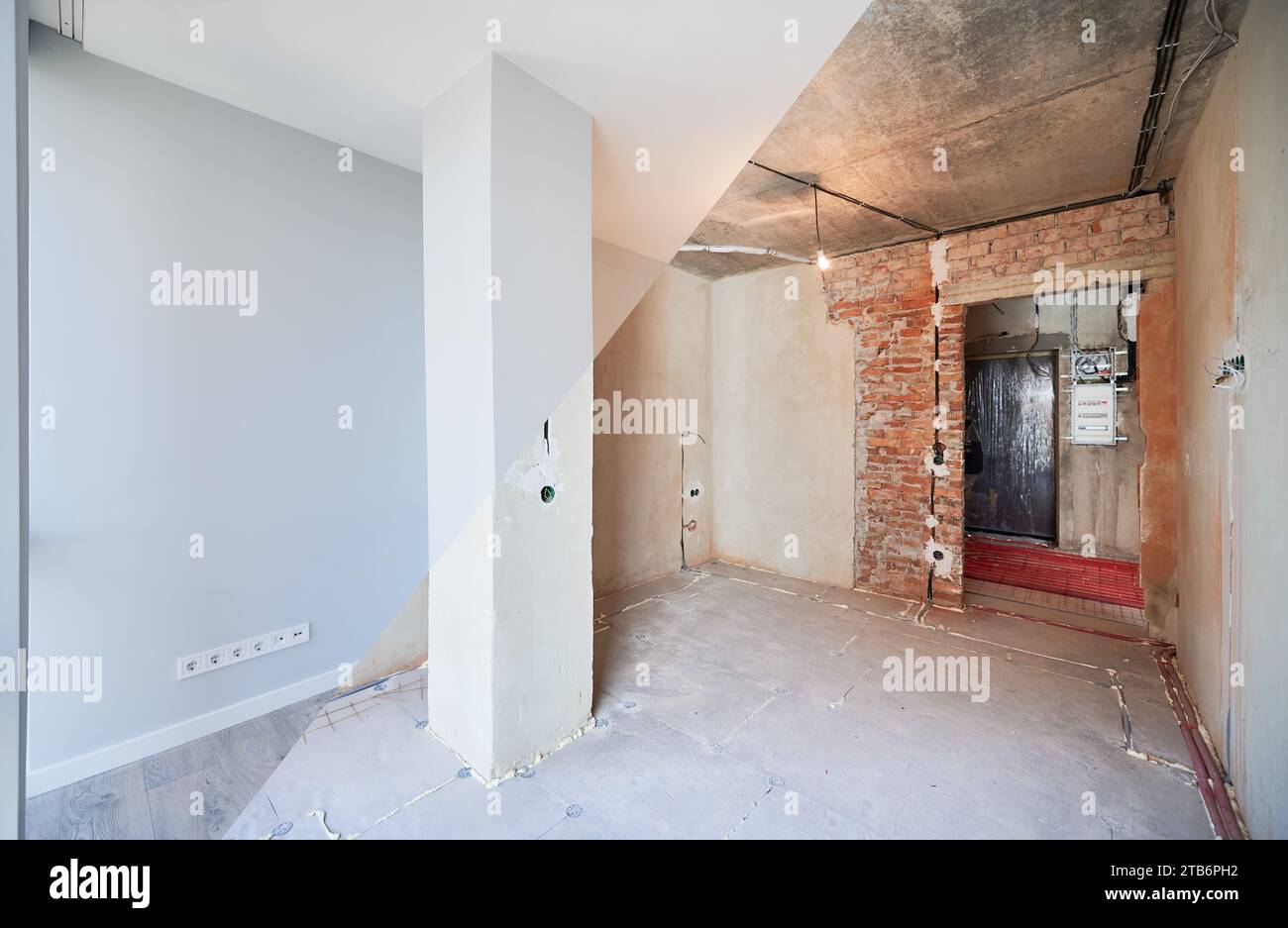 Comparison of apartment room before and after refurbishment. Old room ...