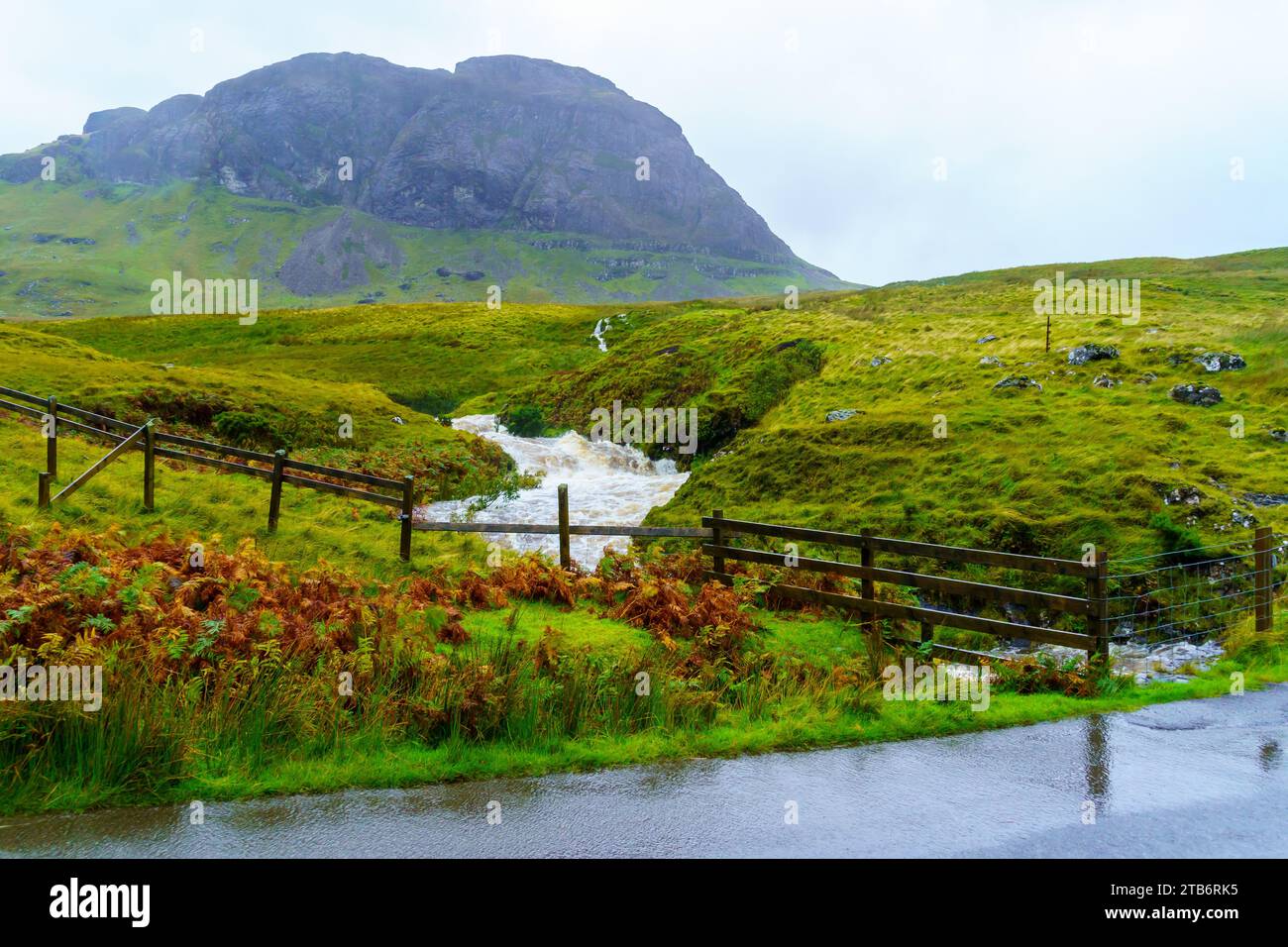 View of mountain and stream landscape, on a rainy day, in the Isle of ...