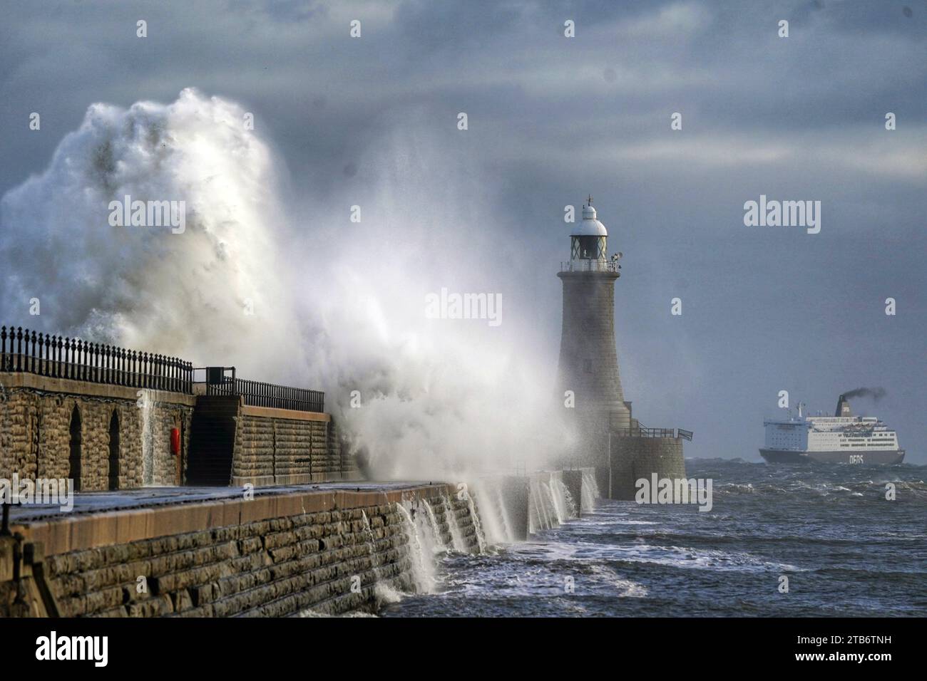 File photo dated 24/11/2023 of waves crash over Tynemouth pier on the ...